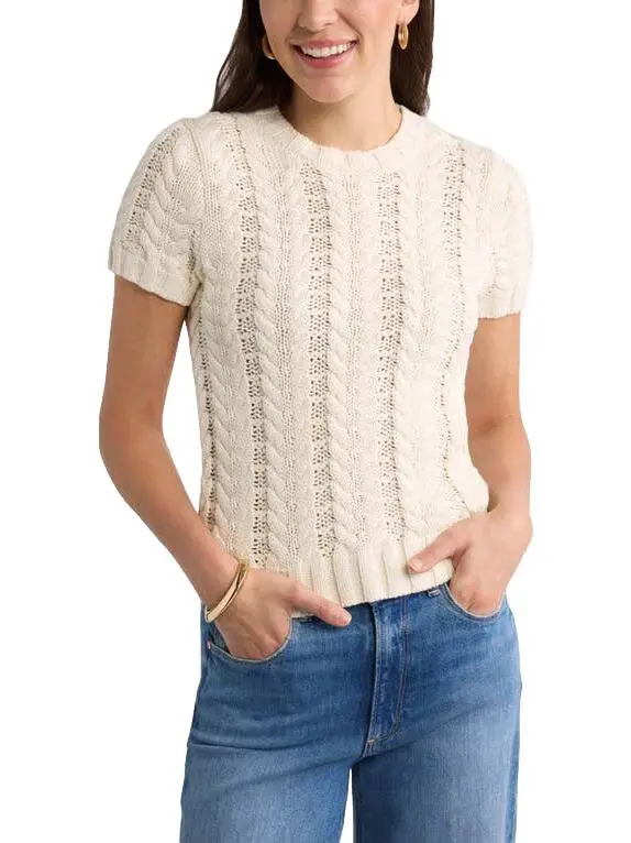 Caslon Cable Stitch Short Sleeve Cotton Sweater - Ivory Pristine