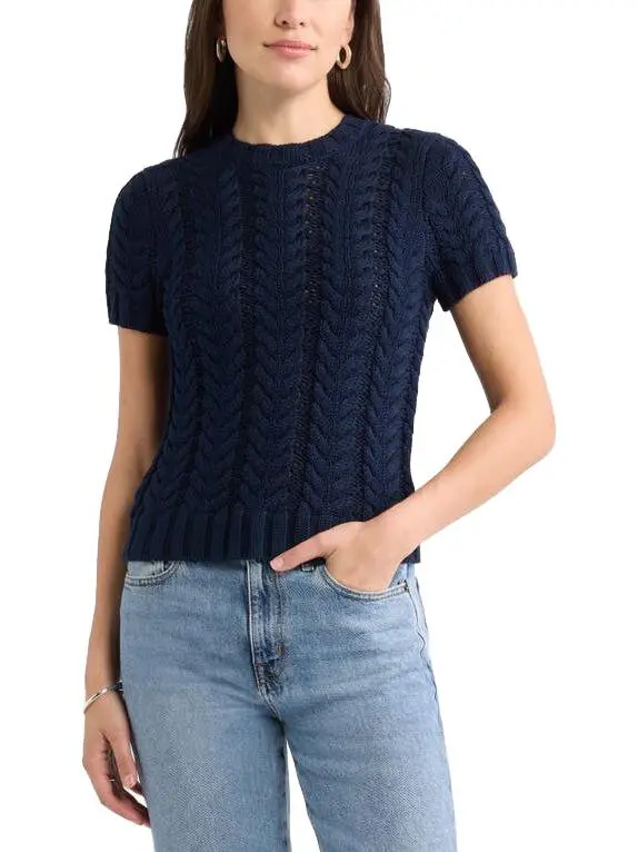 Caslon Cable Stitch Short Sleeve Cotton Sweater - Navy Still