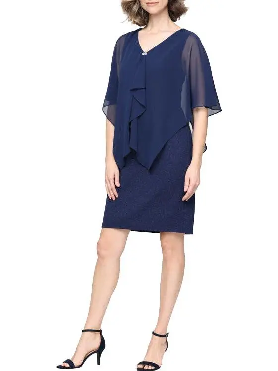 SL FASHIONS Chiffon Drape Glitter Knit Sheath Dress - Navy