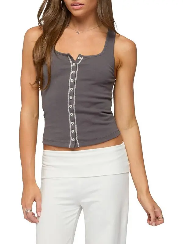 EDIKTED Contrast Button Up Ribbed Tank - Dark-gray
