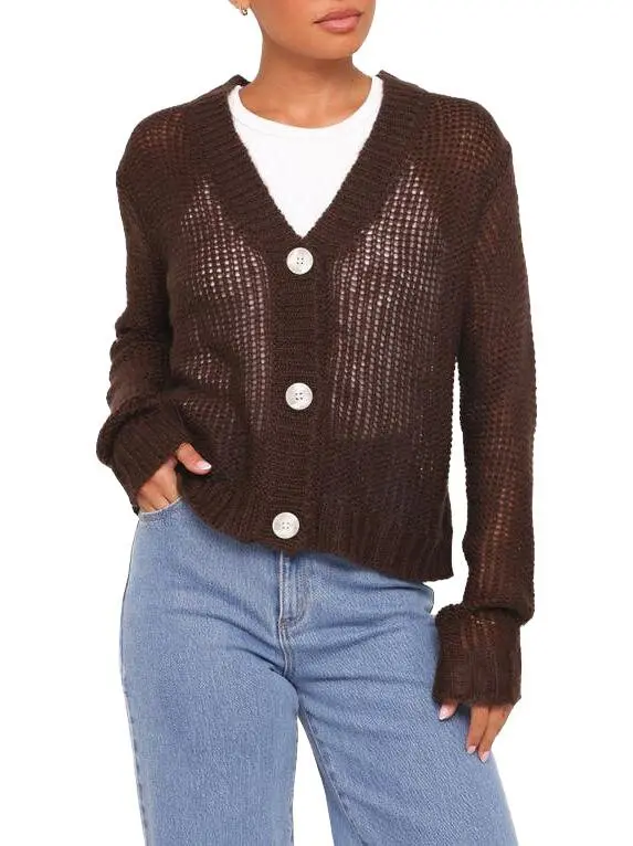 PETAL & PUP Open Stitch V-neck Cardigan - Coffee