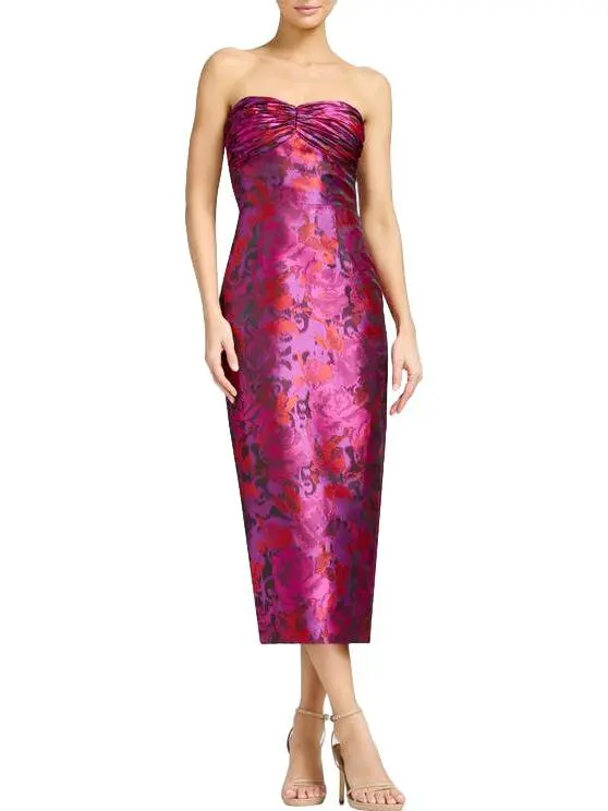 Dress The Population Dalia Floral Strapless Cocktail Midi Dress - Bright Fuchsia Multi