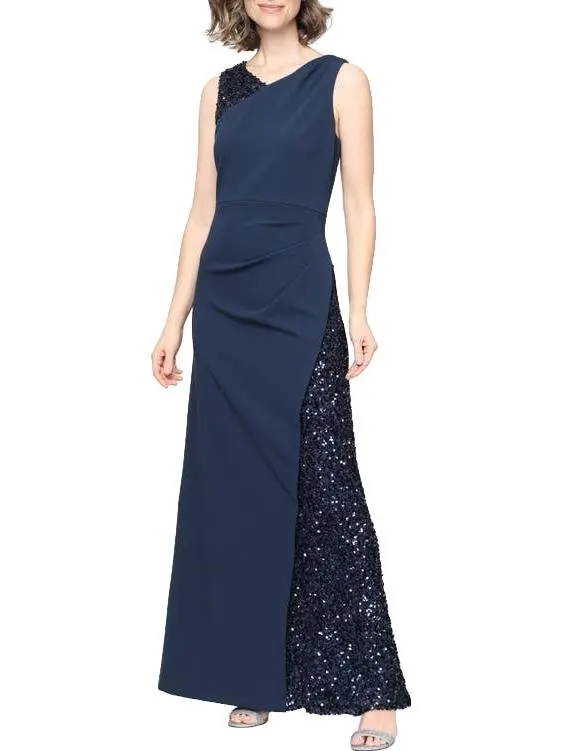SL FASHIONS Sequin Sleeveless Stretch Crepe Gown - Navy