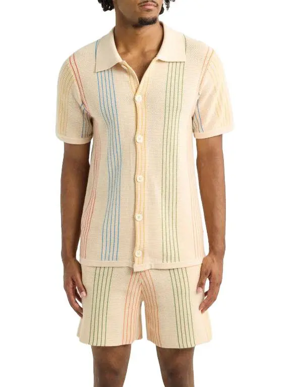 MAVRANS Sliced Knit Short Sleeve Button-up Shirt - Beige