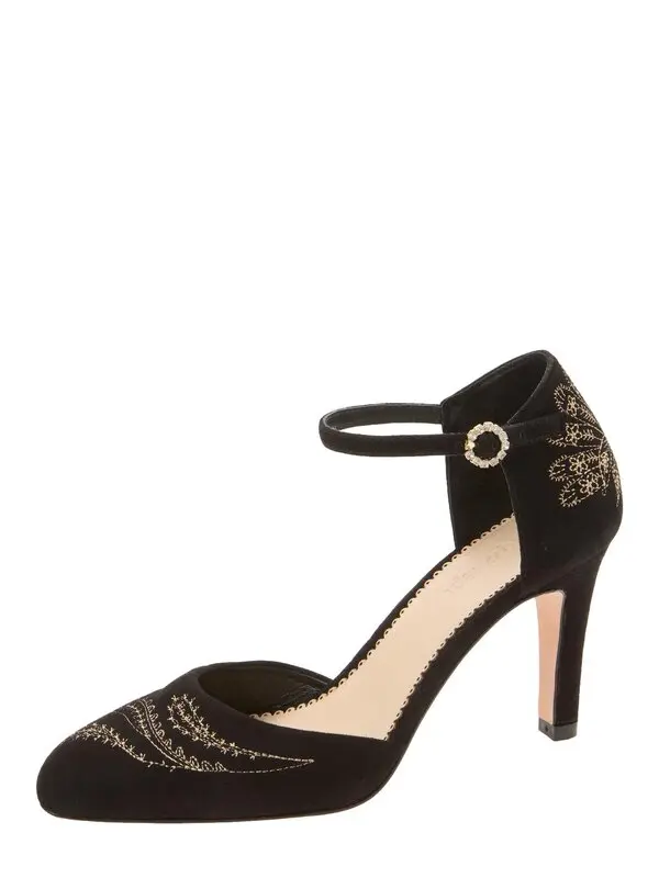 Cinq À Sept Mariana Embroidered Suede D'orsay Pump With Crystal Buckle - Black