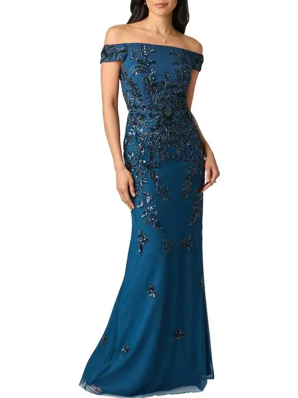 Adrianna Papell Beaded Off The Shoulder Crepe Mermaid Gown - Deep Blue