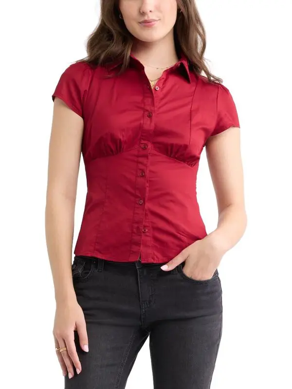 Bp. Ruched Empire Waist Button-up Shirt - Red Cinder