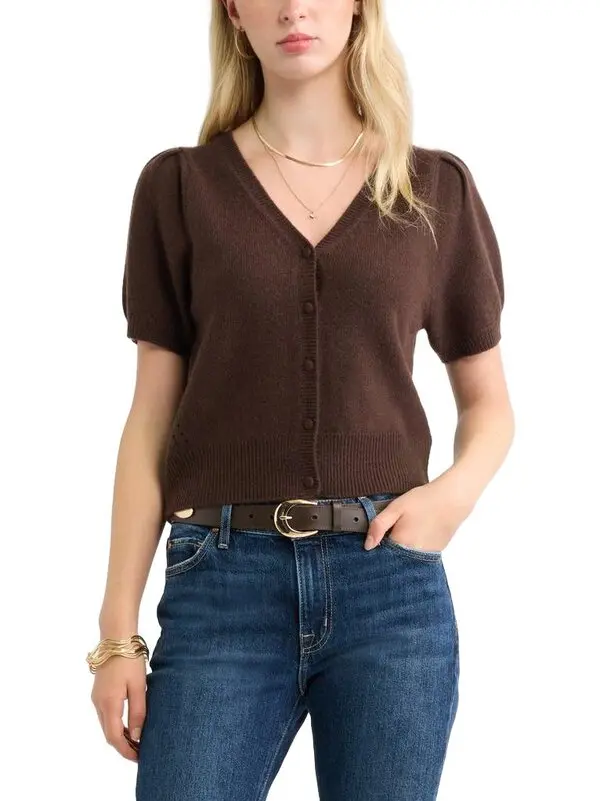 Treasure & Bond Wool & Cashmere Puff Sleeve Cardigan - Brown Chicory