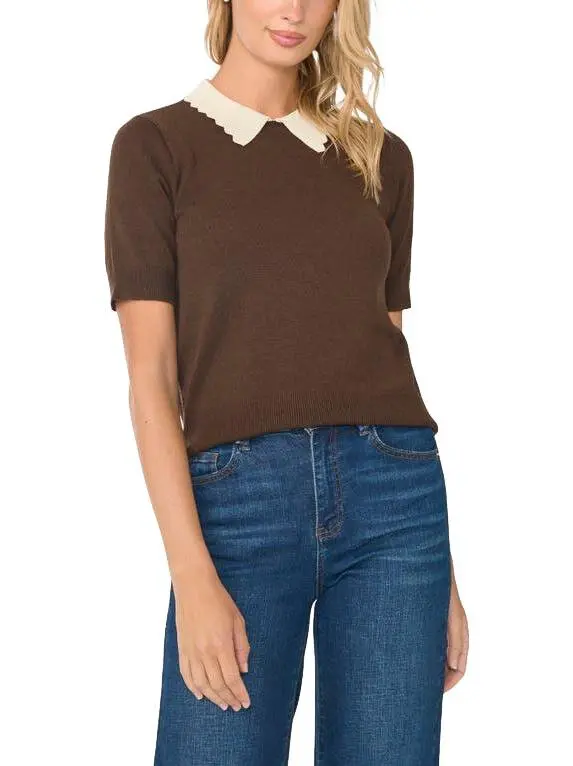 Halogen Scallop Trim Collar Sweater - Rich Hickory