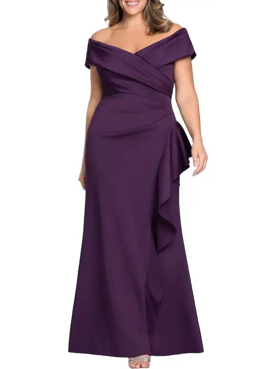 XSCAPE EVENINGS Off The Shoulder Ruffle Scuba Crepe Gown - Plum