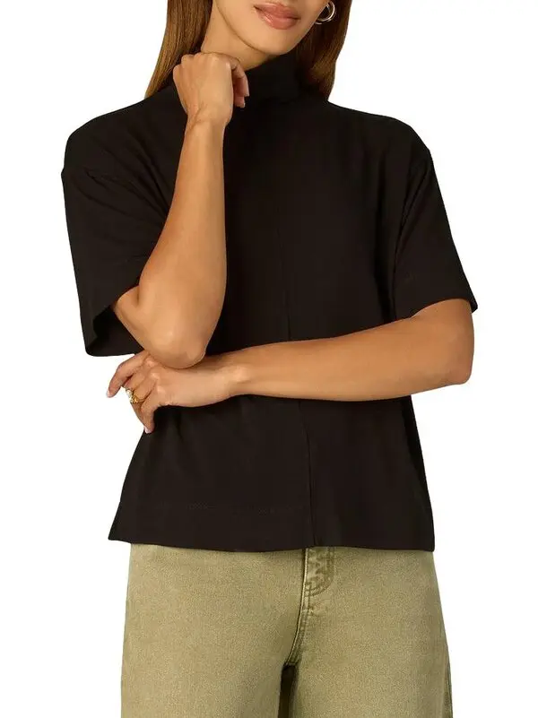 Wit & Wisdom Boxy Elbow Sleeve Turtleneck Top - Black