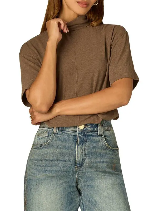 Wit & Wisdom Boxy Elbow Sleeve Turtleneck Top - Heather Brown