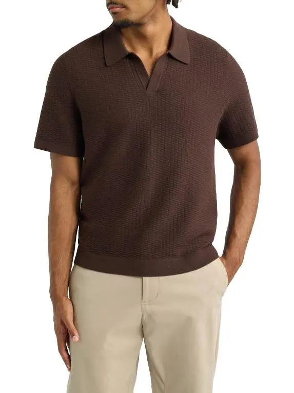 OPEN EDIT Johnny Collar Textured Polo Sweater - Brown Bean