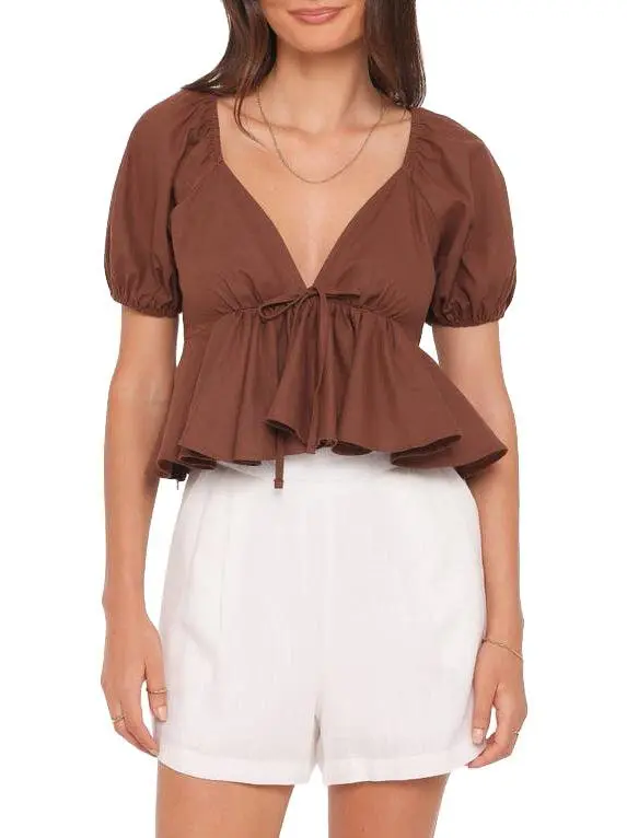 PETAL & PUP Brienne Tie Front Cotton Peplum Top - Chocolate
