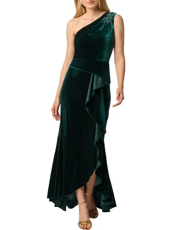 Adrianna Papell One-shoulder Velvet Gown - Hunter