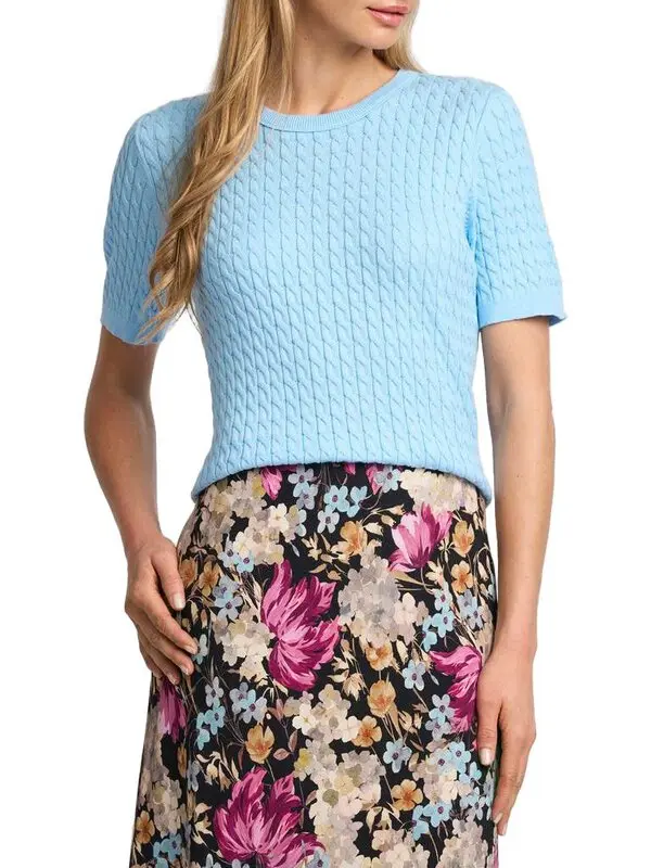 Halogen Cable Stitch Short Sleeve Crewneck Sweater - Blue Bell