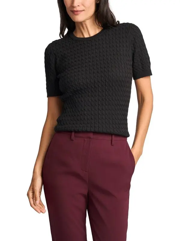 Halogen Cable Stitch Short Sleeve Crewneck Sweater - Rich Black
