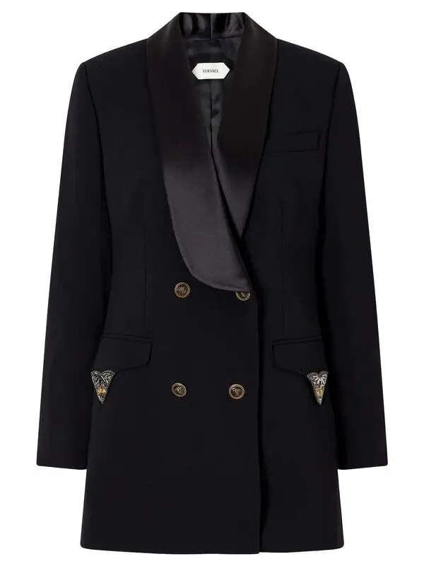 Versace Double-breasted Embellished Satin-trimmed Stretch-wool Mini Dress - Black