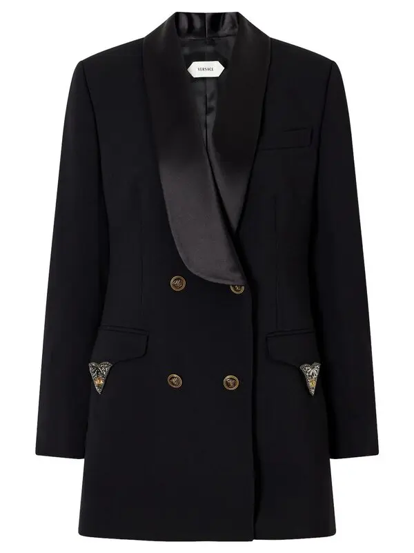 Versace Double-breasted Embellished Stretch-wool Mini Dress - Black