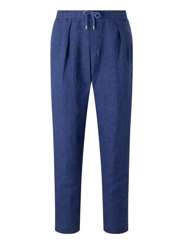 Ralph Lauren Purple Label Prince Of Wales Linen Drawstring Trousers - Blue