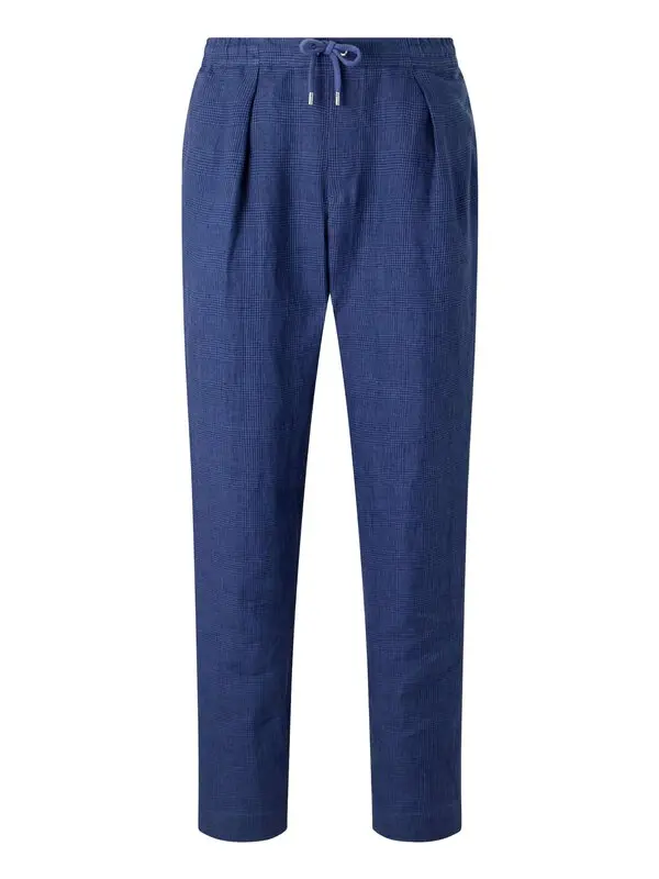 Ralph Lauren Purple Label Prince Of Wales Linen Drawstring Trousers - Navy