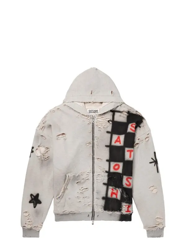 SATOSHI NAKAMOTO Get What I Want Distressed Embellished Cotton-jersey Zip-up Hoodie - Gray
