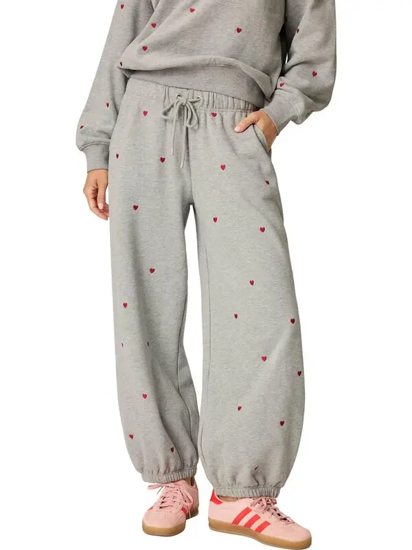 PJ Salvage Super-soft Cotton C'est La Vie Embroidered Hearts Good Hang Joggers - Heather Grey