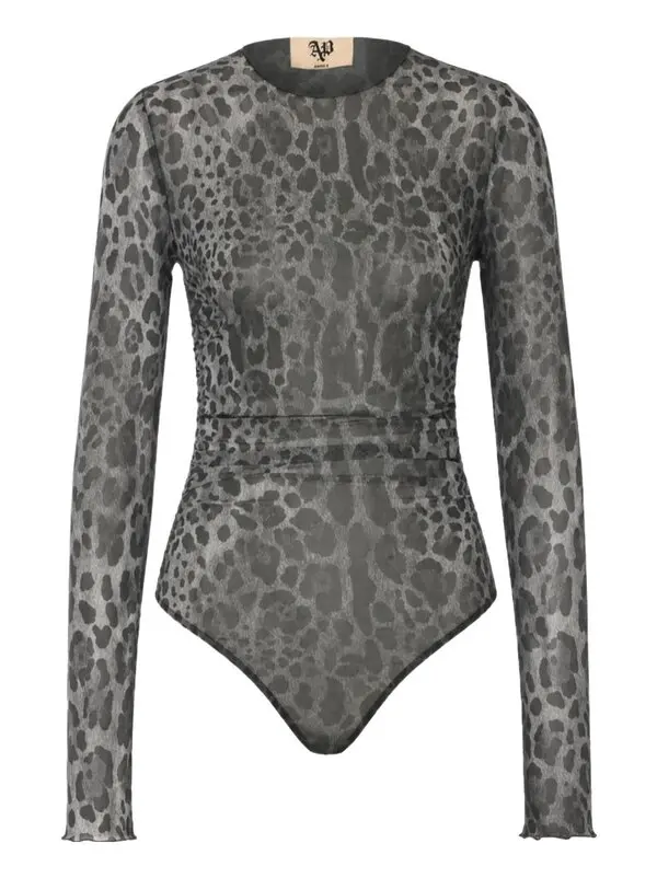 ANIYE BY Long Sleeve Leopard Print Sheer Bodysuit - Grey
