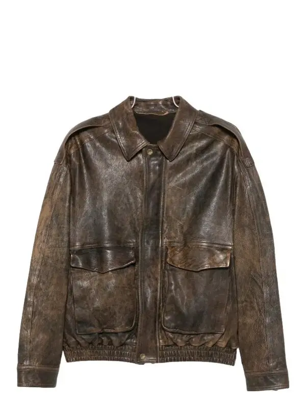 SALVATORE SANTORO Distressed Leather Bomber Jacket - Brown