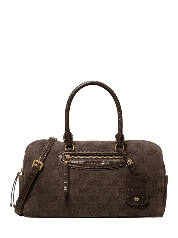 Michael Kors Jet Set Travel Medium Logo Embossed Suede Duffel Crossbody Bag - Brown