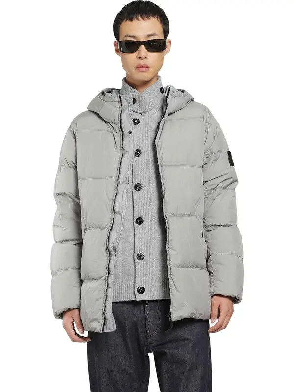 Stone Island Crinkle Reps Down Jacket With Hood - Grey
