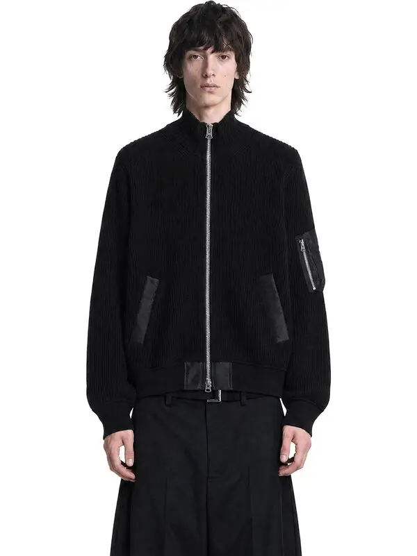 Sacai Ribbed Wool Knit Blouson With Satin Accents - Black