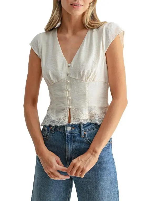 ALL IN FAVOR Lace Trim V-neck Cap Sleeve Top - Ivory