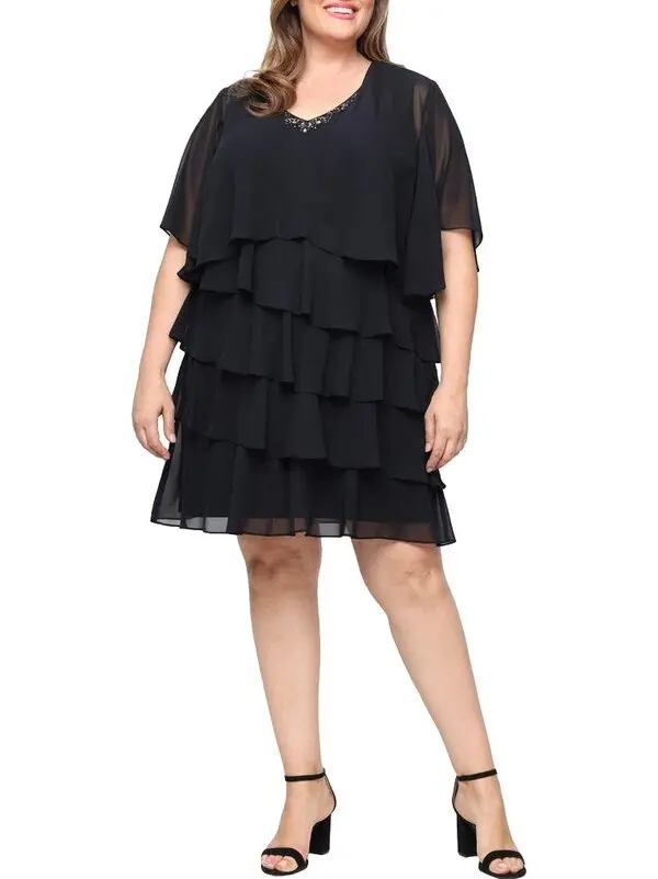 SL FASHIONS Tiered Ruffle Chiffon Dress With Jacket - Black