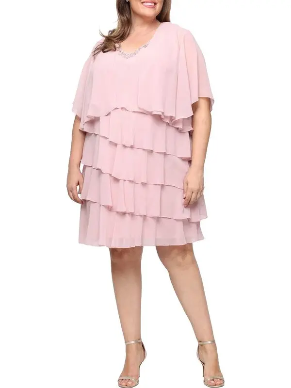 SL FASHIONS Tiered Ruffle Chiffon Dress With Jacket - Faded Rose