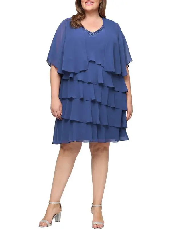 SL FASHIONS Tiered Ruffle Chiffon Dress With Jacket - Wedgewood