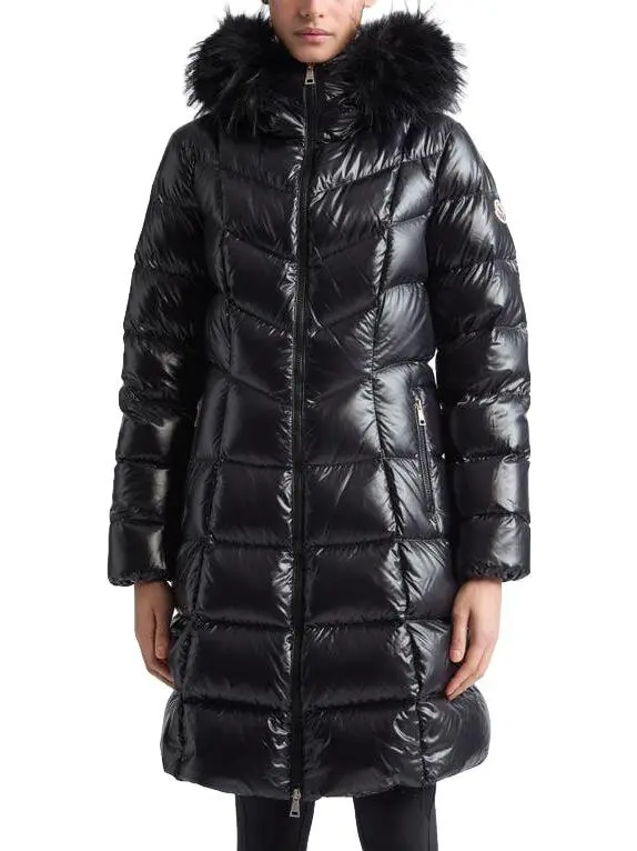 Moncler Quilted Down Coat With Faux Fur Trim - Black