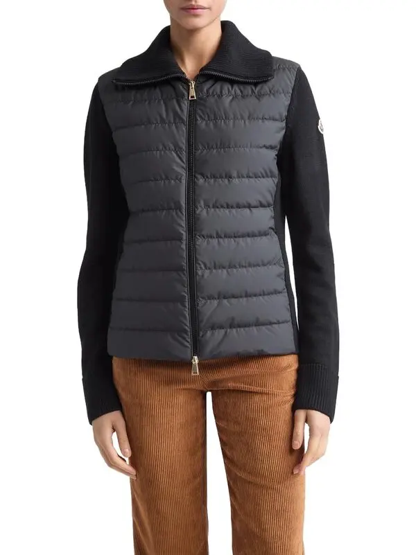 Moncler Mixed Media Quilted Zip Puffer Cardigan - Black