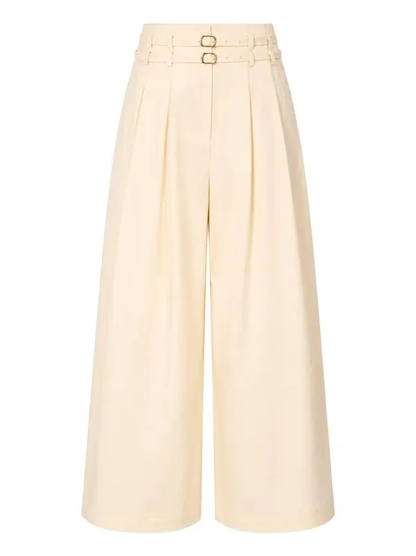 EXQUISE Belted High-waisted Pleated Culotte Pants - Beige