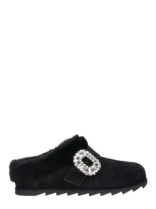 ROGER VIVIER Suede Fur-lined Crystal Buckle Mule - Black
