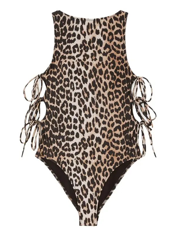 GANNI Leopard Print Tie-detailed Bodysuit - Marrone