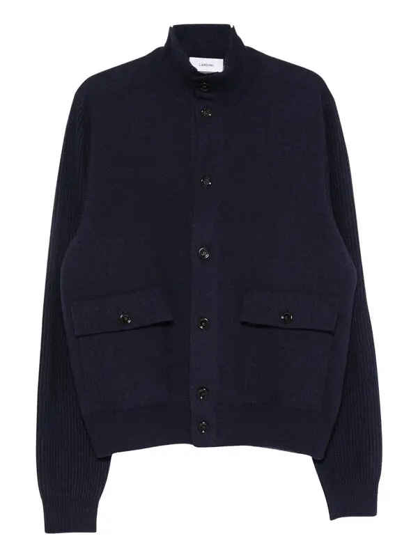 LARDINI Knit Button-front Cardigan Jacket With Stand Collar And Flap Pockets - Navy