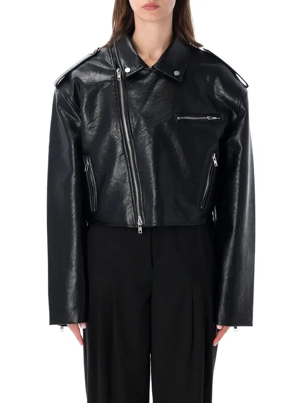 THE FRANKIE SHOP Cropped Faux Leather Biker Jacket - Nero