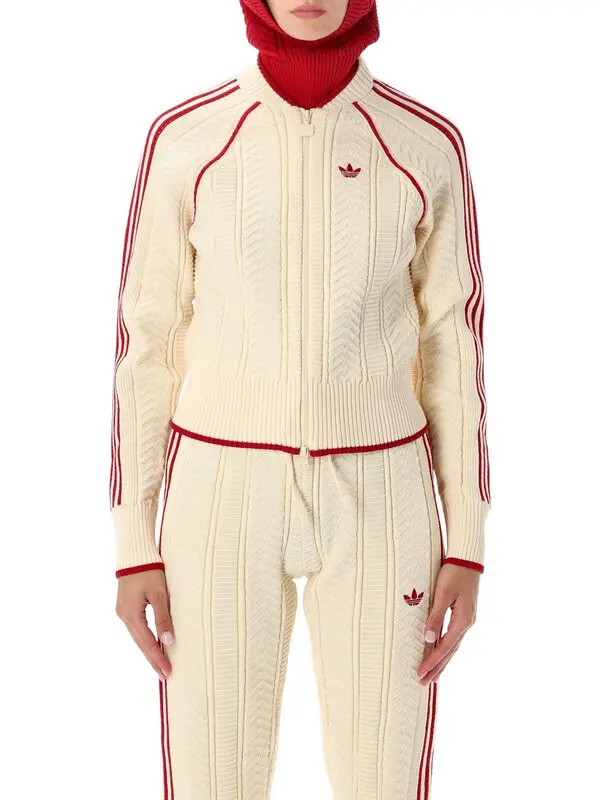 ADIDAS ORIGINALS Textured Knit Track Jacket With Detachable Hood - Cream Red