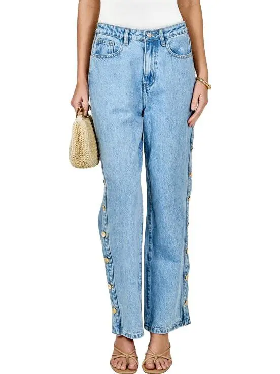 Endless Rose Side Button Straight Leg Jeans - Denim