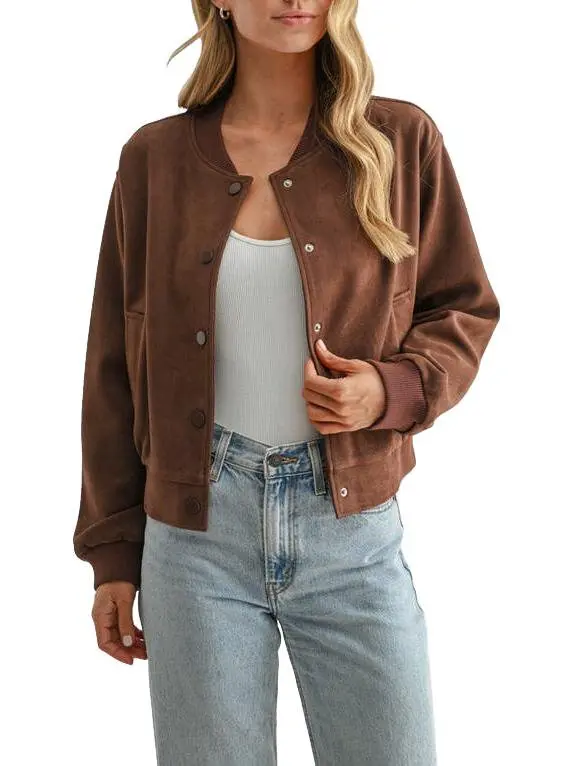 ALL IN FAVOR Faux Suede Bomber Jacket With Ribbed Trim - Brown
