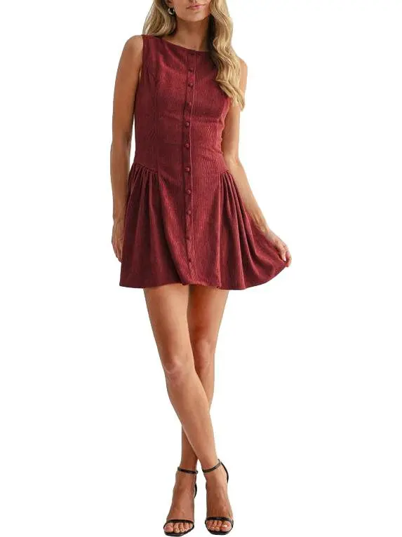 ALL IN FAVOR Corduroy Boatneck Fit-and-flare Minidress - Chestnut