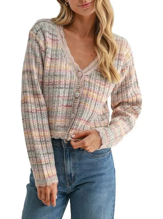 ALL IN FAVOR Space Dye V-neck Cardigan With Ribbed Stitch - Light Pink Multi