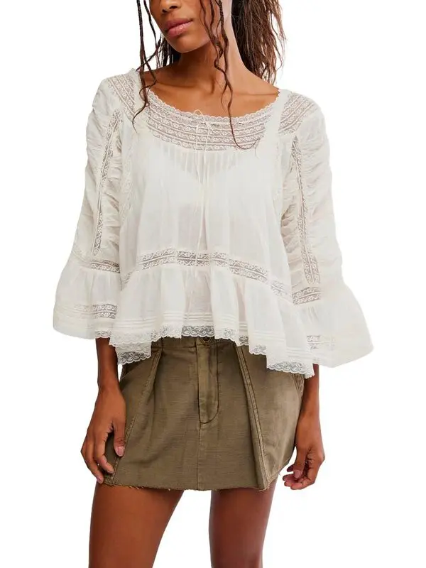 Free People Romantic Lace Detail Cotton Top - Ivory