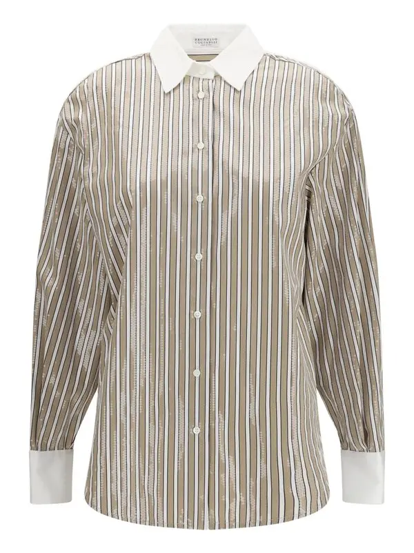 Brunello Cucinelli Striped Sequined Cotton Shirt - Beige